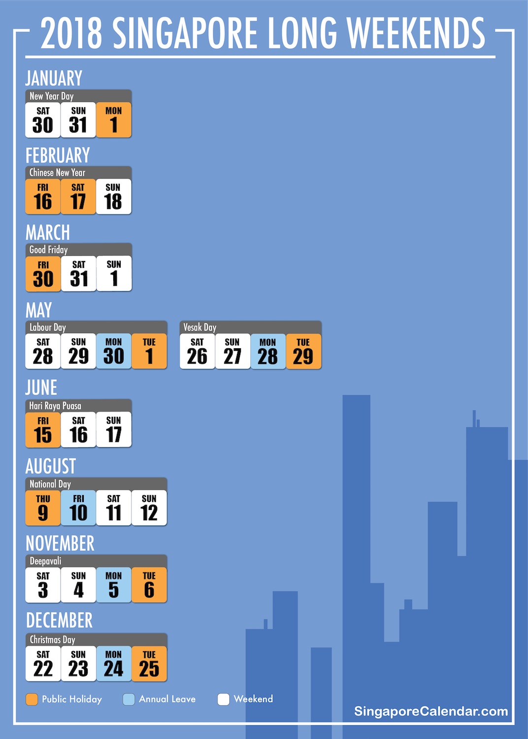 Long Weekend 2018 - Singapore Calendar